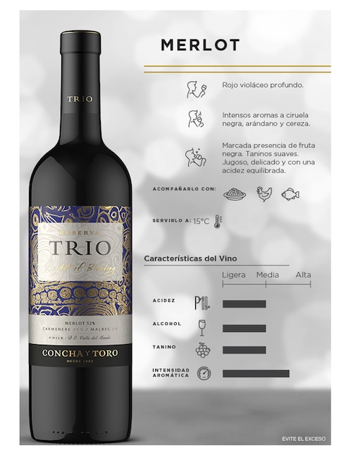 Vino tinto Concha Y Toro Trio merlot 750 ml 2